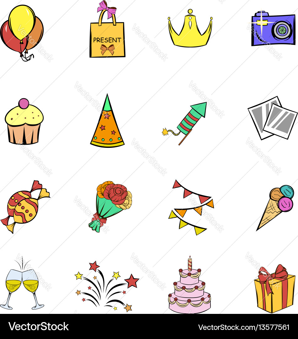 Party icons set cartoon Royalty Free Vector Image