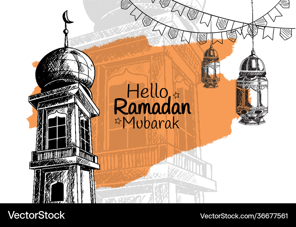 Ramadan mubarak mosque tower lantern and ribbon Vector Image