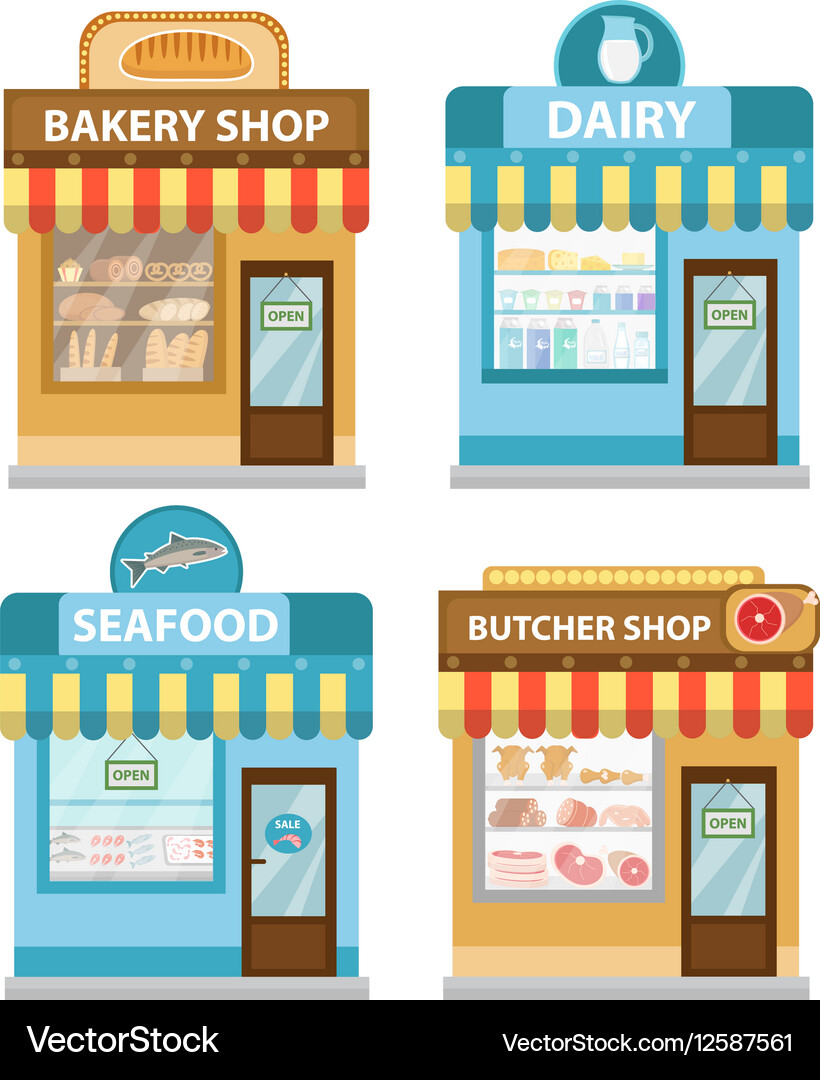 Stores building set flat style Shop collection Vector Image