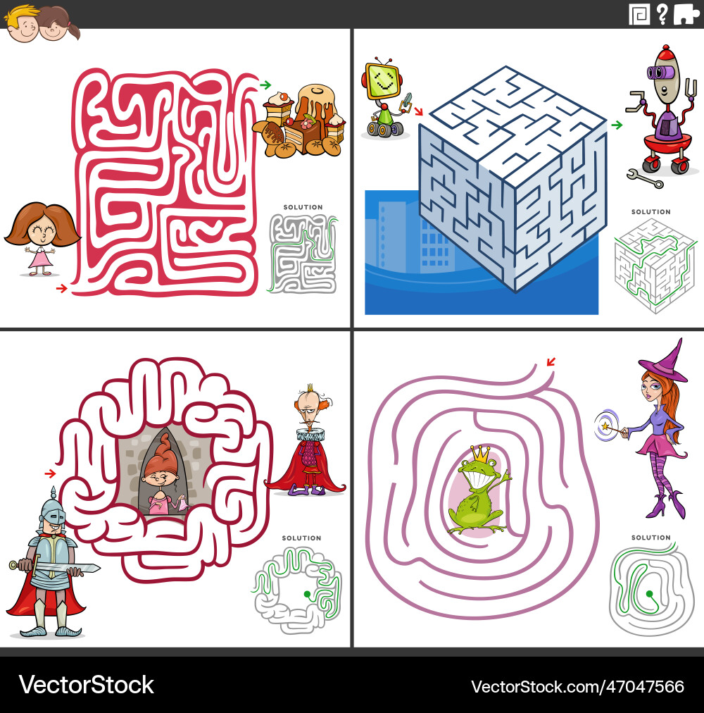Maze activity games set with funny cartoon Vector Image