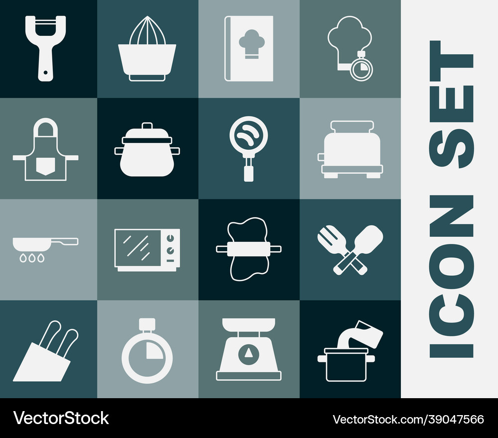 Set cooking pot crossed fork and spoon toaster Vector Image