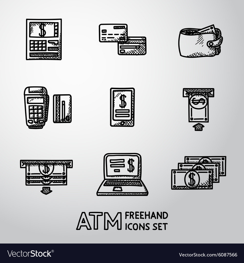 Set of freehand atm icons with - cards Royalty Free Vector