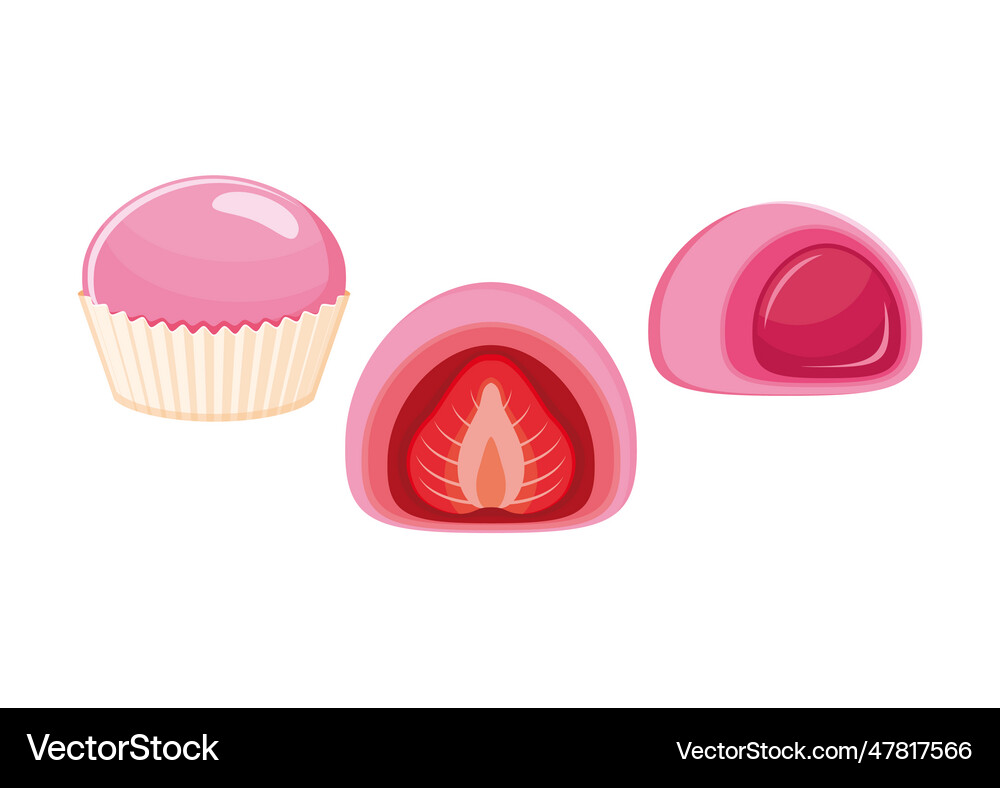Strawberry mochi rice cake icon set Royalty Free Vector