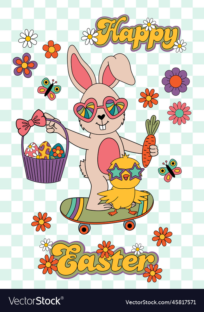 Easter card with groovy rabbit Royalty Free Vector Image