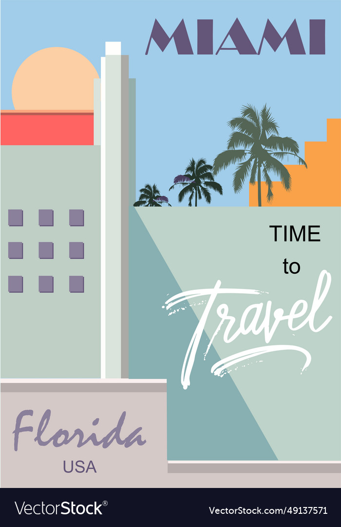 Miami travel destination poster in retro style Vector Image