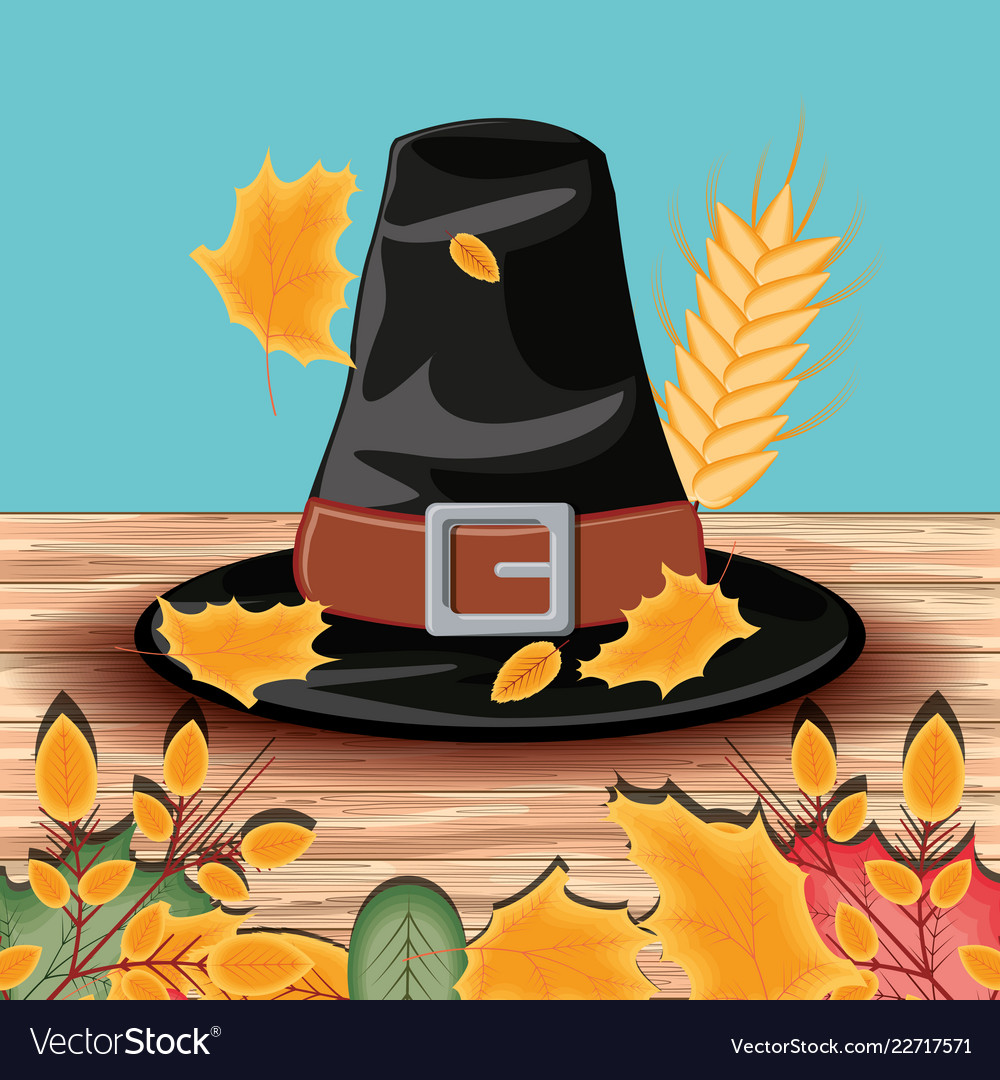 Pilgrim hat of thanksgiving day with leafs Vector Image