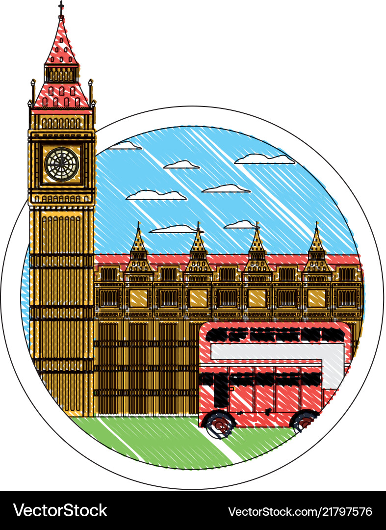 Doodle london clock tower and urban bus Royalty Free Vector