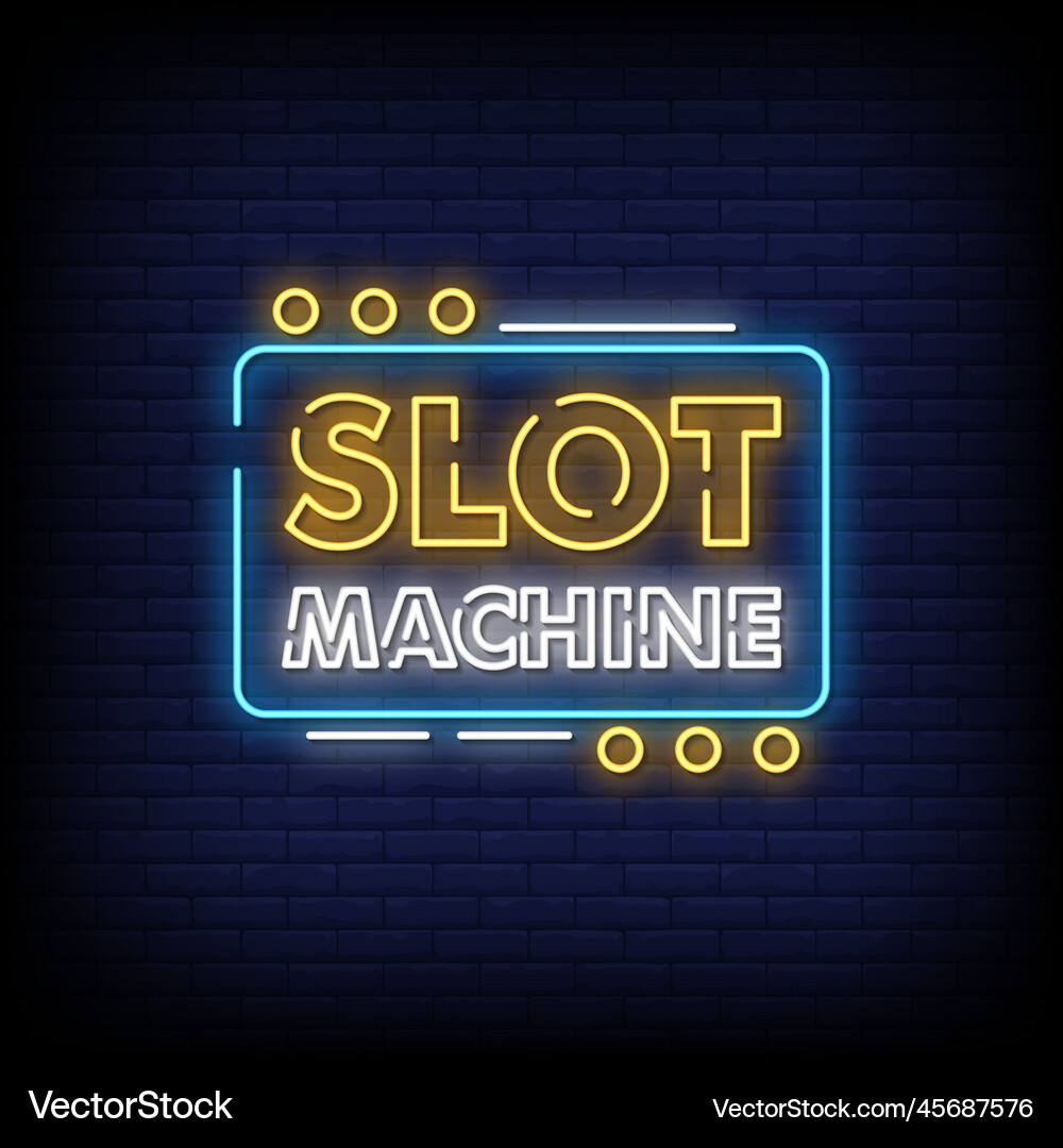 Neon sign slot machine with brick wall background Vector Image