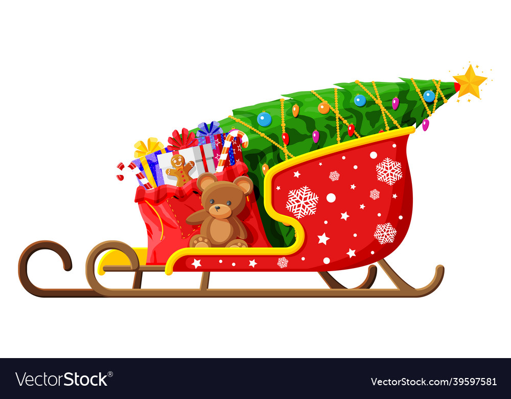 Santa claus sleigh with gifts boxes toys and tree Vector Image