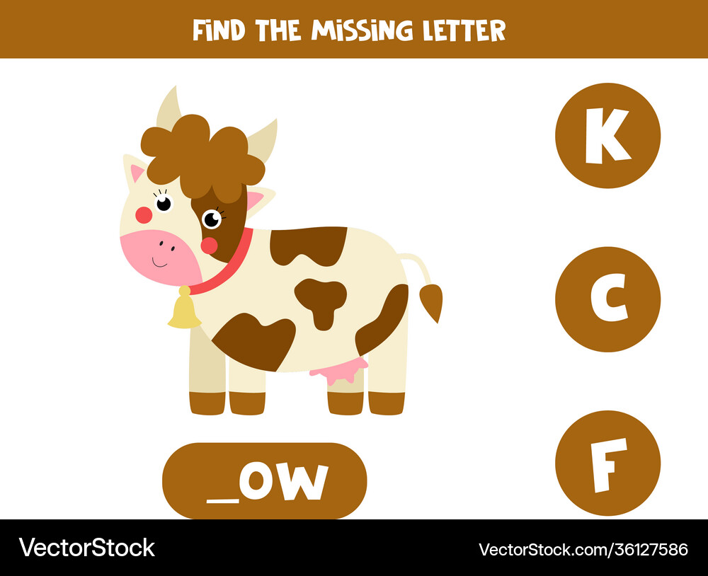 Find missing letter with cartoon cow spelling Vector Image