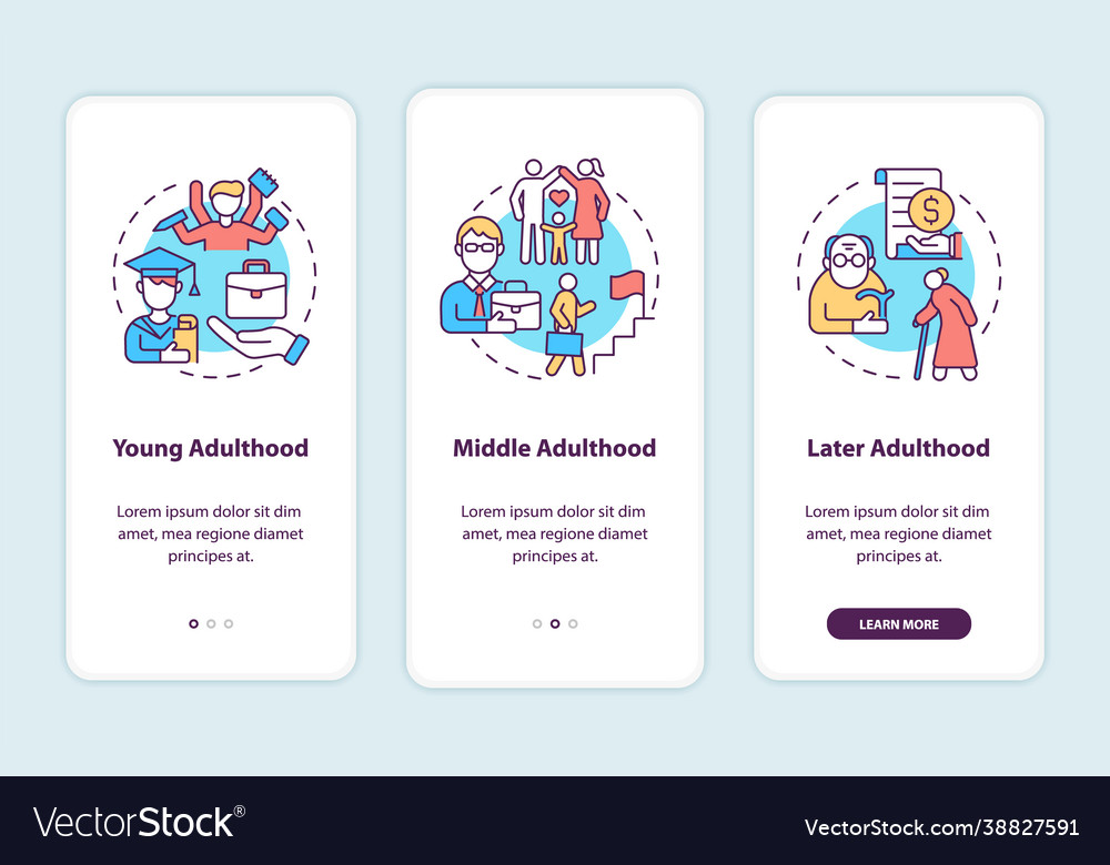 Adulthood stages onboarding mobile app page screen