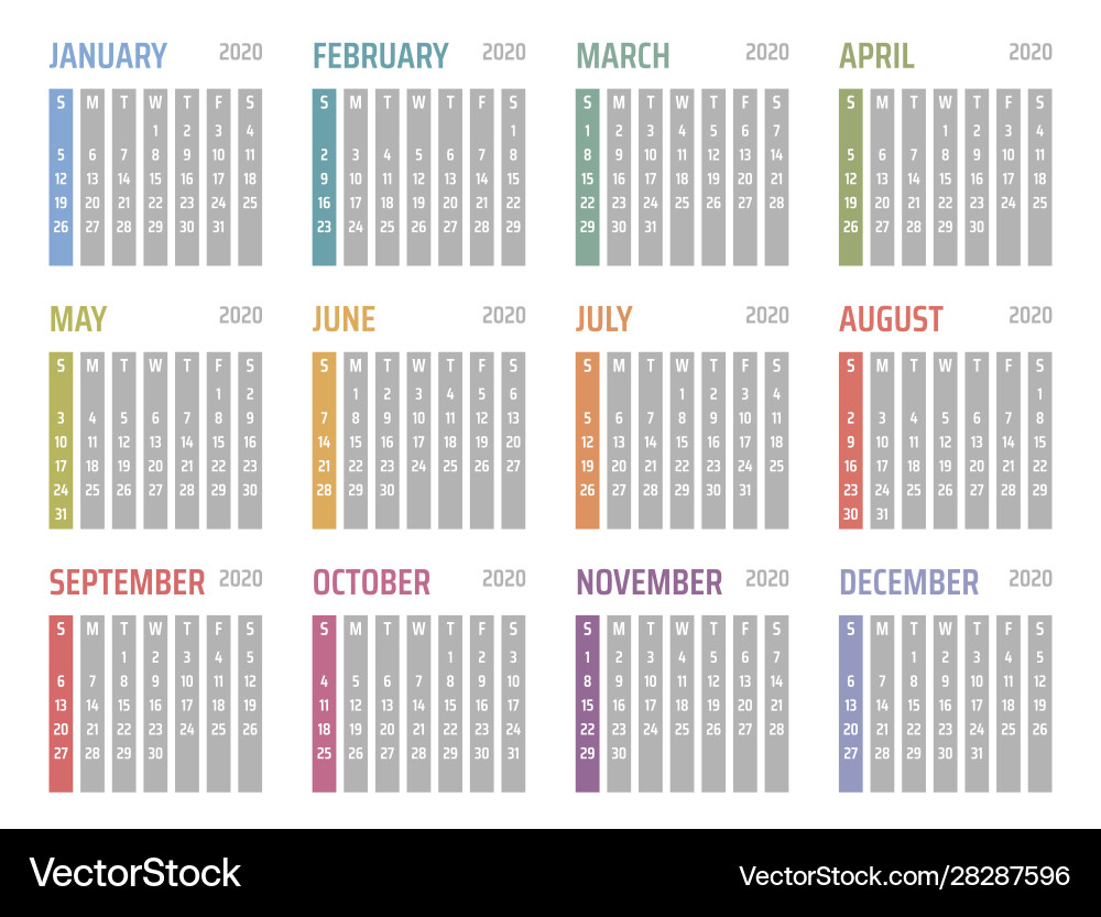 Calendar for 2020 starts sunday Royalty Free Vector Image