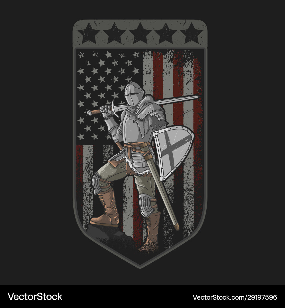 Knight full armor sword and shield american flag Vector Image