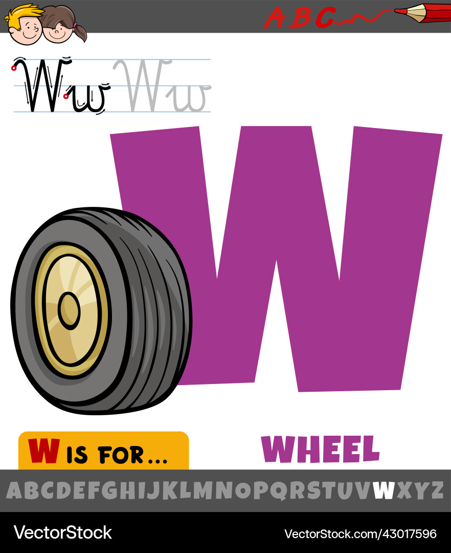 Letter w from alphabet with cartoon wheel object Vector Image