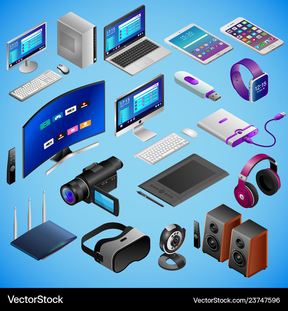 Realistic digital devices in isometry Royalty Free Vector