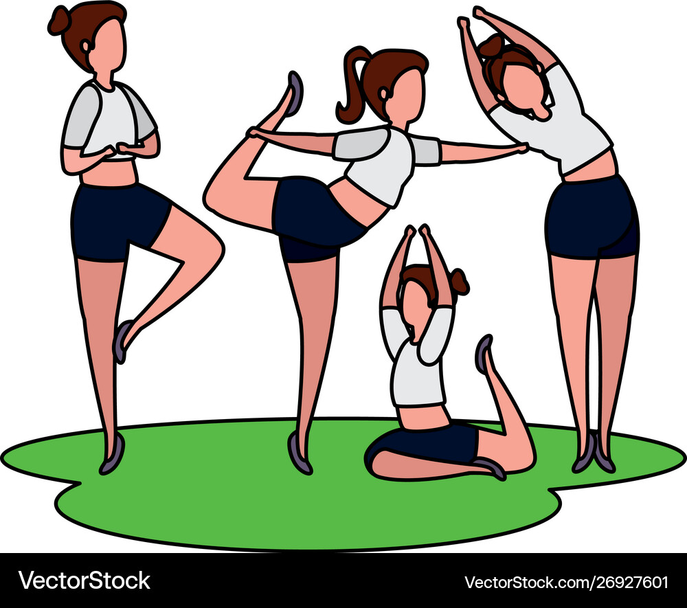 Beauty girls group practicing pilates in grass Vector Image