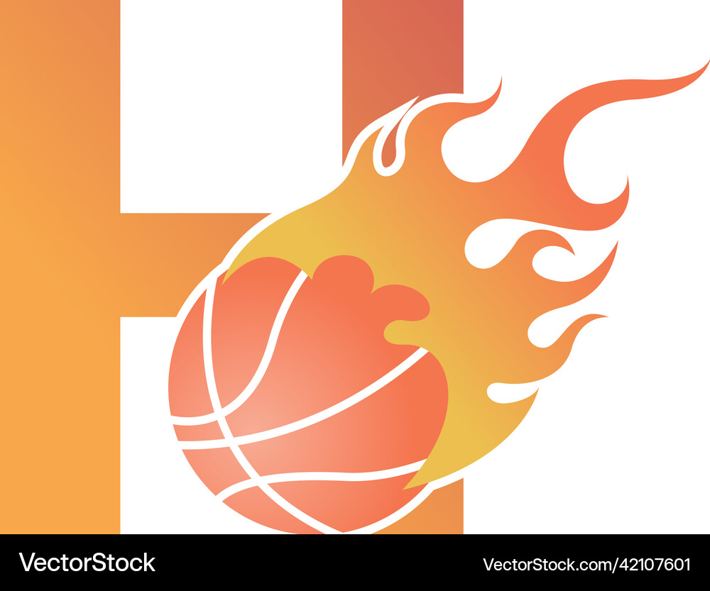 Letter h with basketball ball on fire Royalty Free Vector