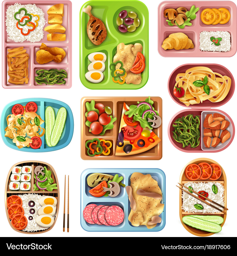 Boxed lunches set Royalty Free Vector Image - VectorStock