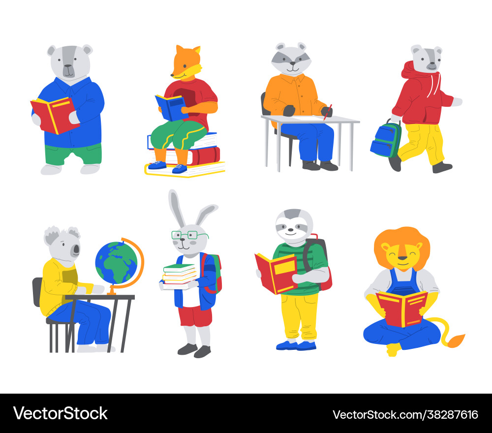 Animals at school cartoon creatures reading books Vector Image