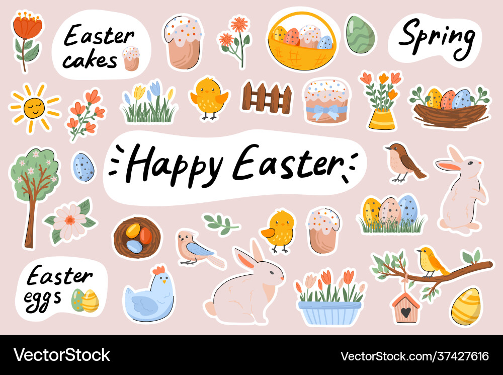 Happy easter cute stickers template set Royalty Free Vector