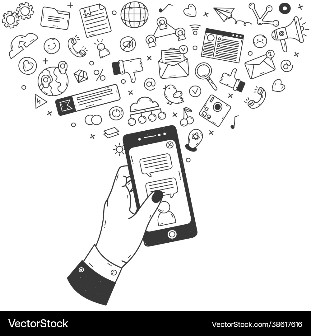 Social media concept doodle smartphone Royalty Free Vector