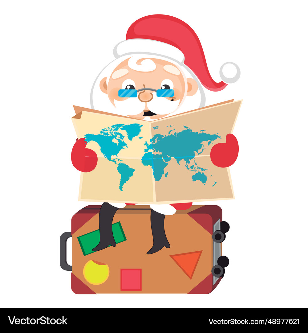 Santa checking map cartoon Royalty Free Vector Image