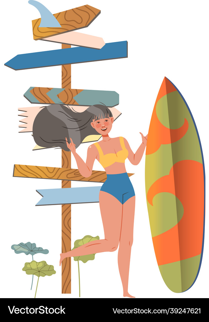 Woman surfer character with surf board standing Vector Image