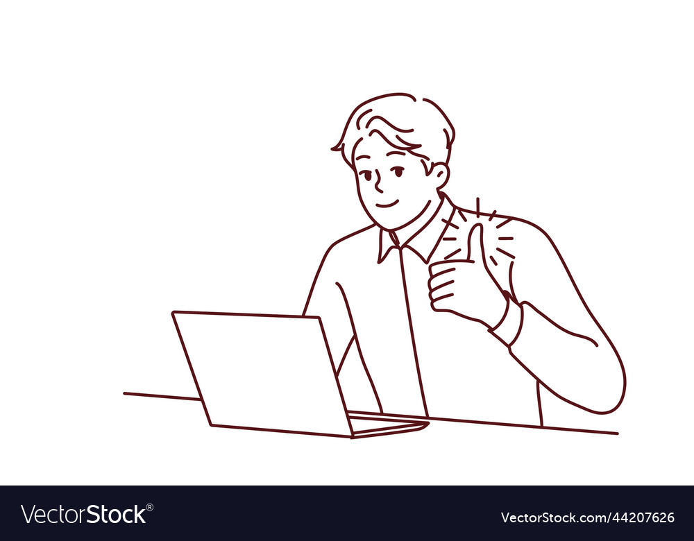 Smiling businessman work on laptop show thumb up Vector Image Smiling businessman work on laptop show thumb up Vector Image