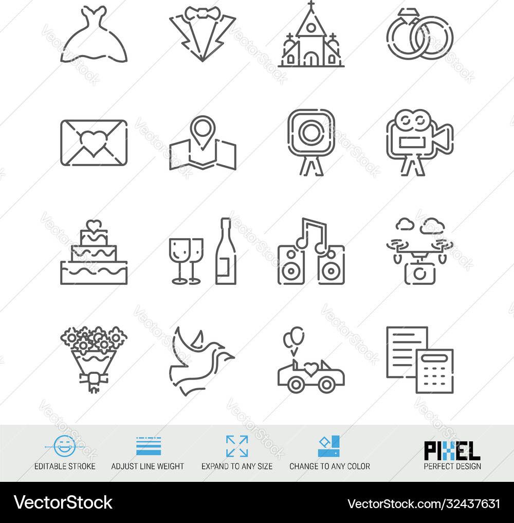 Line icons wedding related set marriage linear Vector Image