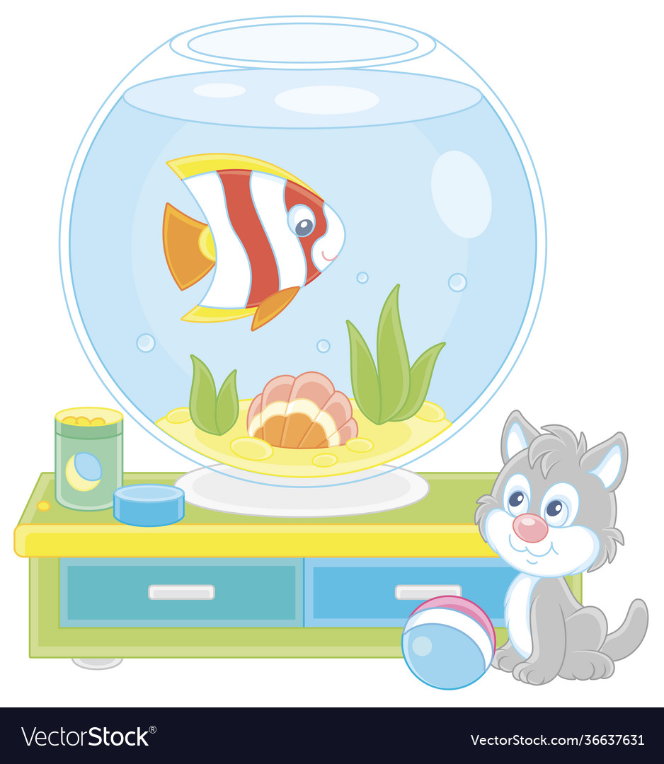 Small kitten and an aquarium fish Royalty Free Vector Image