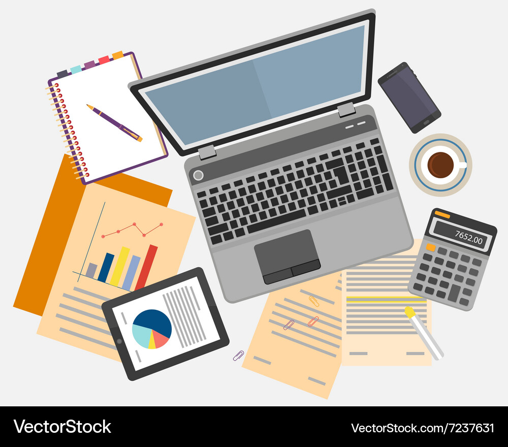 Top view of workplace with documents and laptop Vector Image