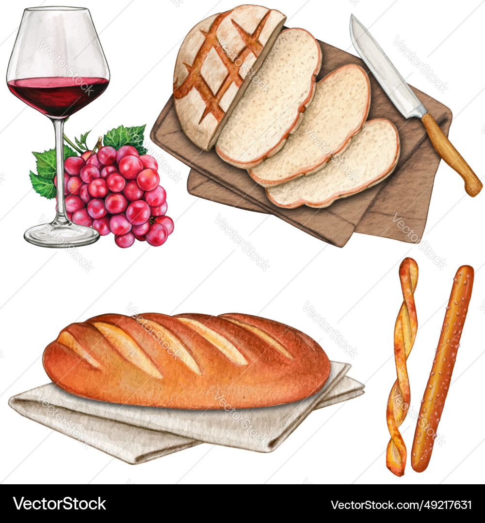 Watercolor hand drawn bread and wine Royalty Free Vector