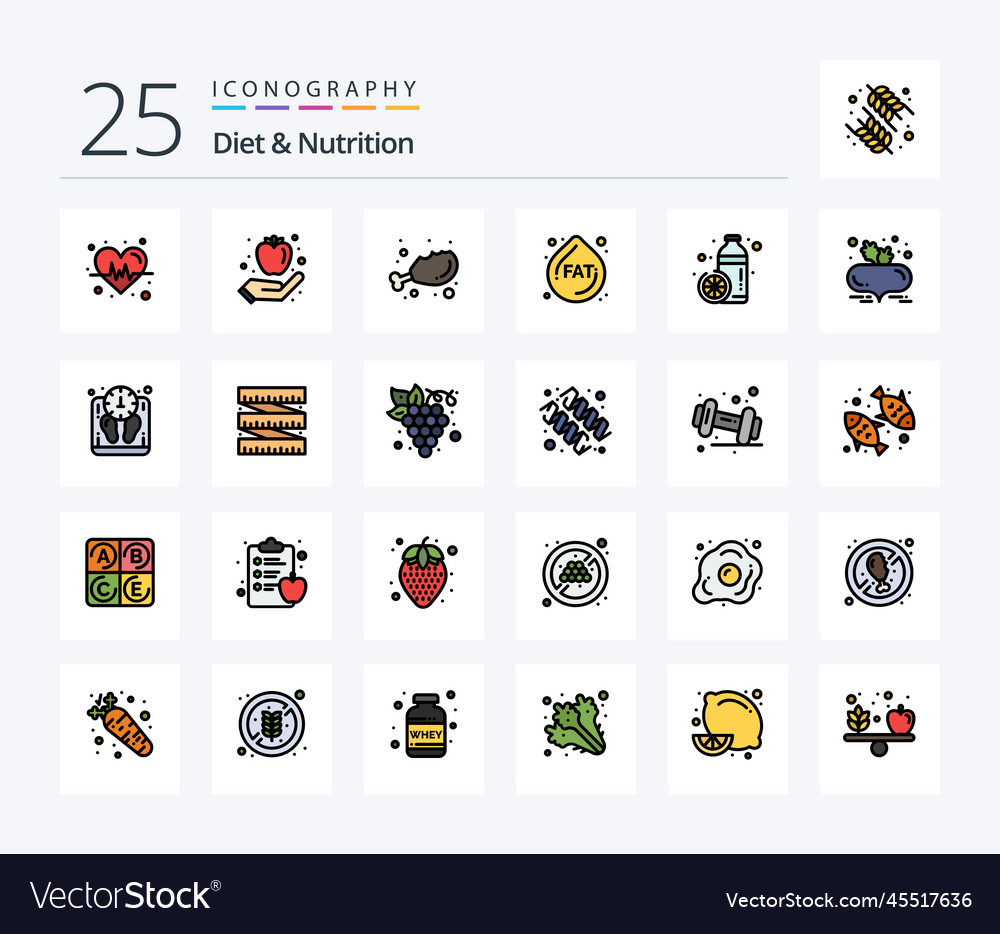 Diet and nutrition 25 line filled icon pack Vector Image