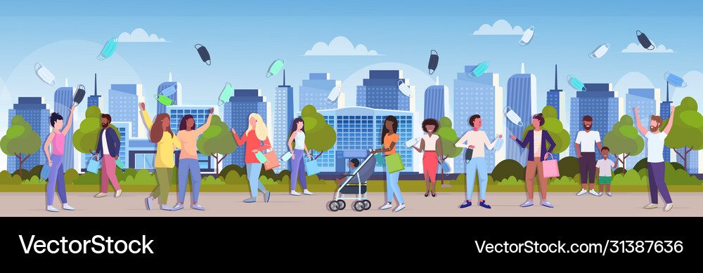 Mix race people crowd throwing face masks Vector Image