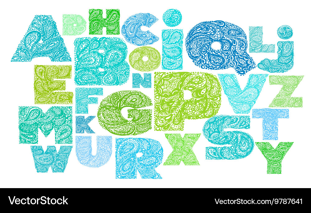 Decorative alphabet with a paisley zen doodle Vector Image