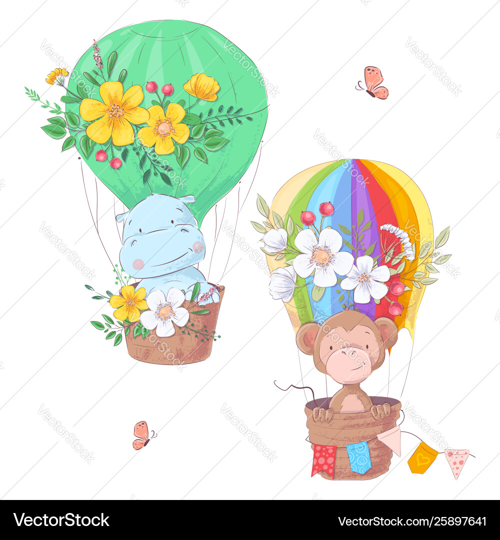 Set cartoon cute animals hippo and monkey Vector Image