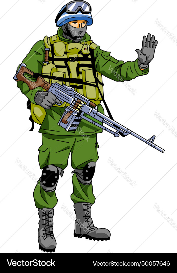 Blue helmet peacemaker soldier makes a stop sign Vector Image