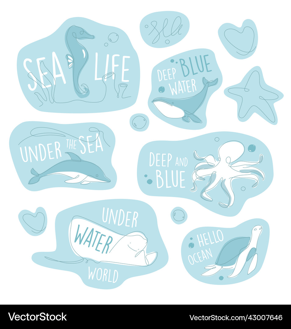 One line marine life sticker set underwater Vector Image