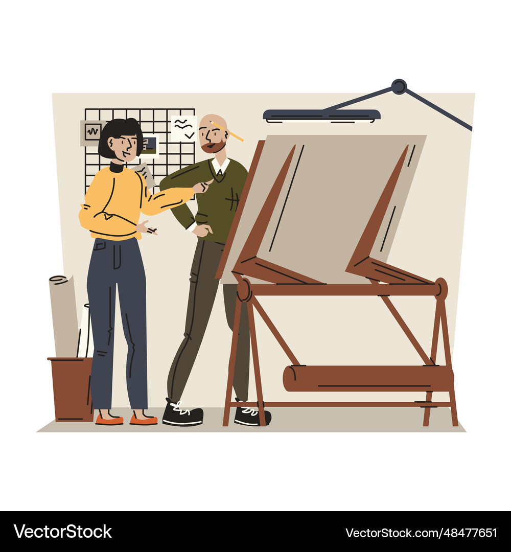 Male architect standing near table with project Vector Image