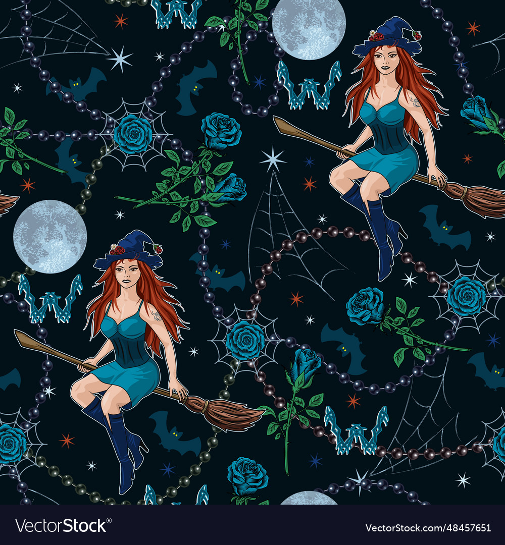 Pattern with witch on broom halloween symbols Vector Image