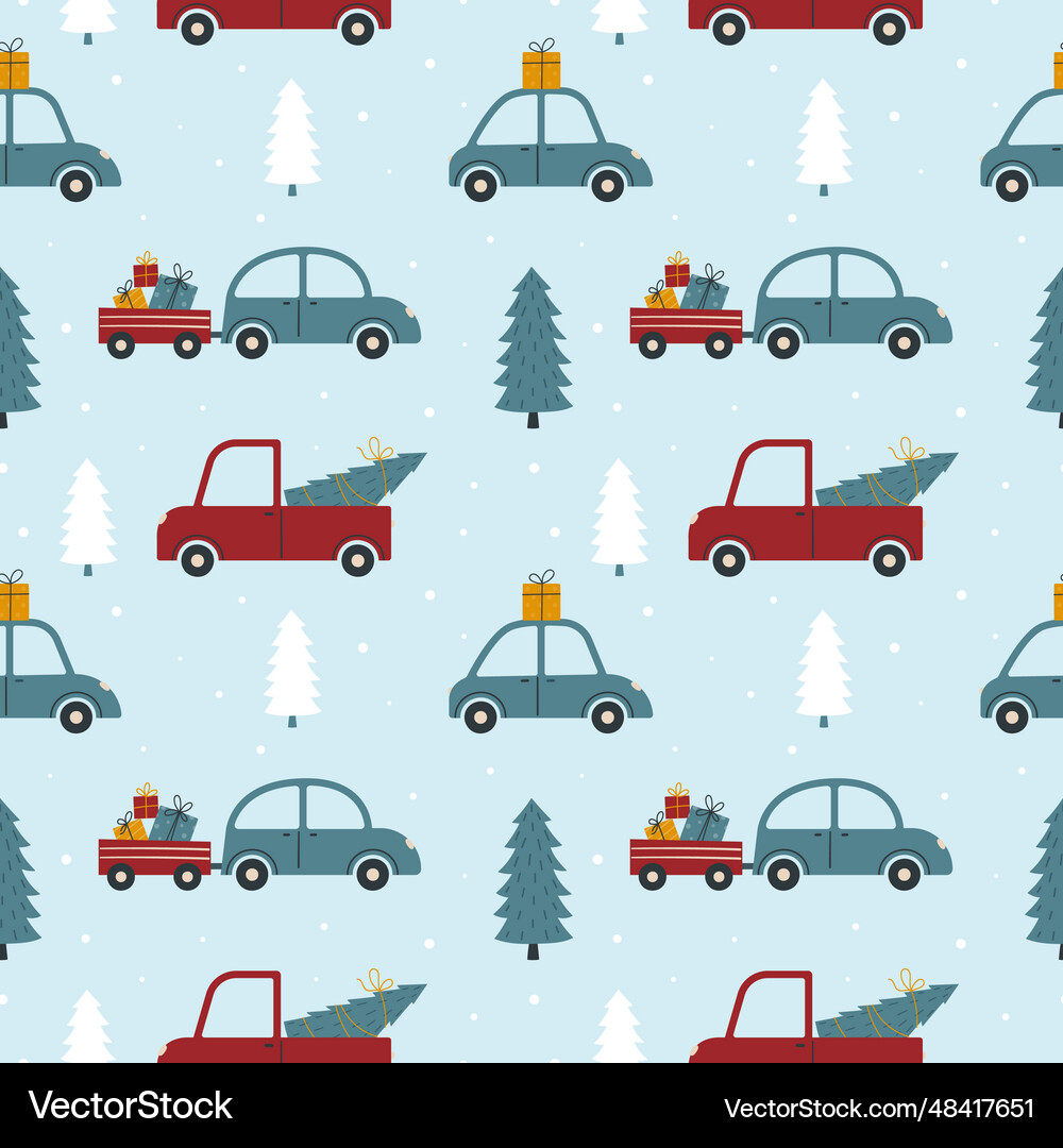 Seamless christmas pattern with cars carrying Vector Image