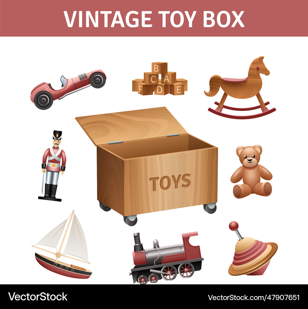 Vintage toy box set toy box set Royalty Free Vector Image