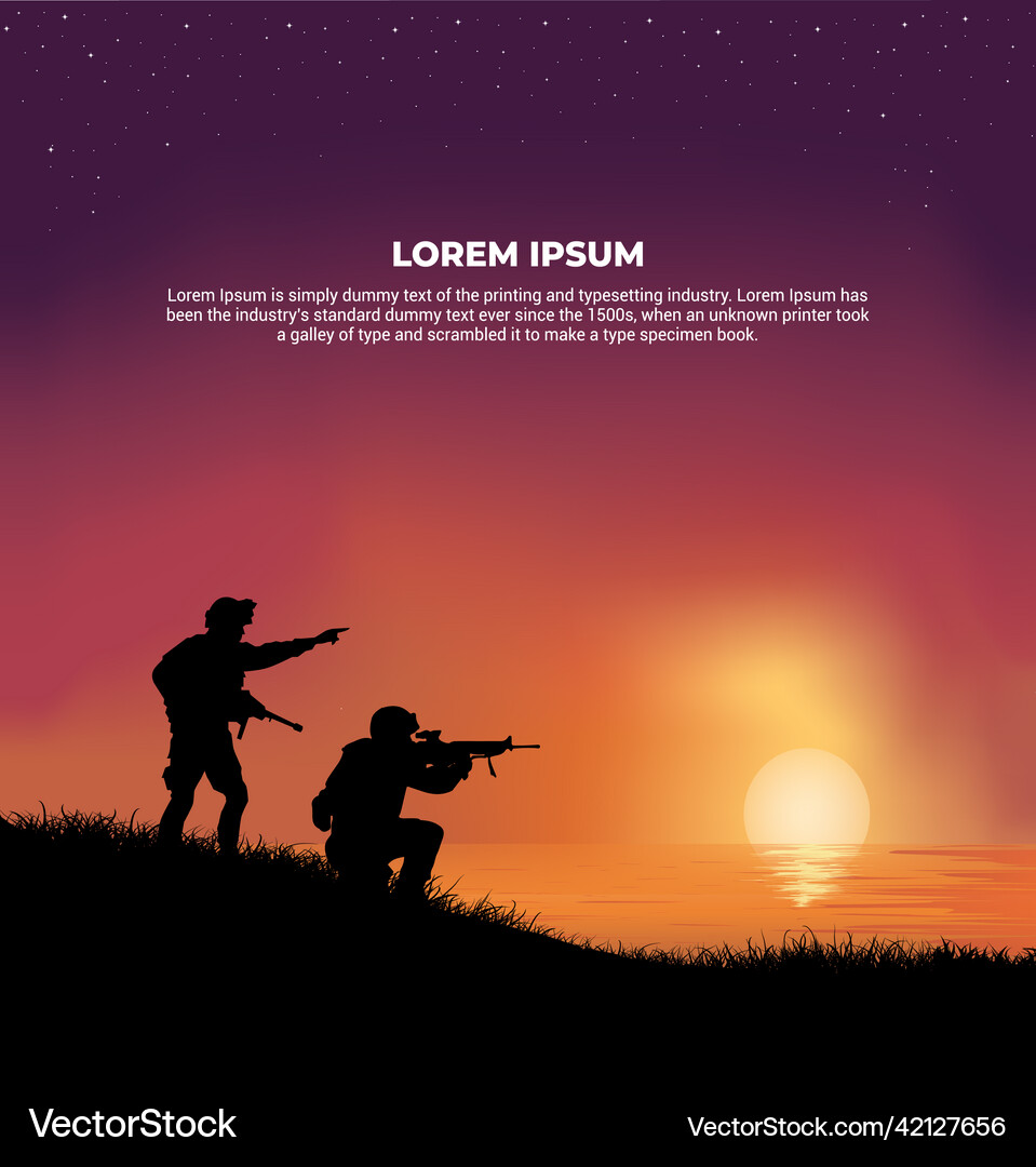 Elegant sunset background with soldier holding Vector Image