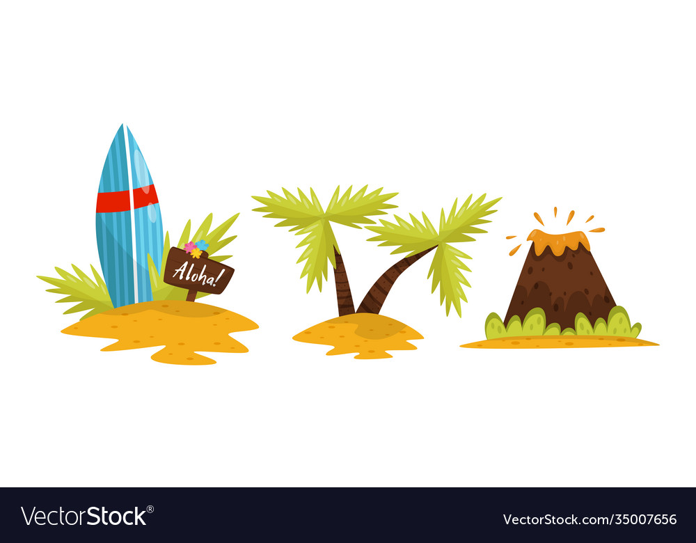 Palm trees and surfboard rested in sand Royalty Free Vector