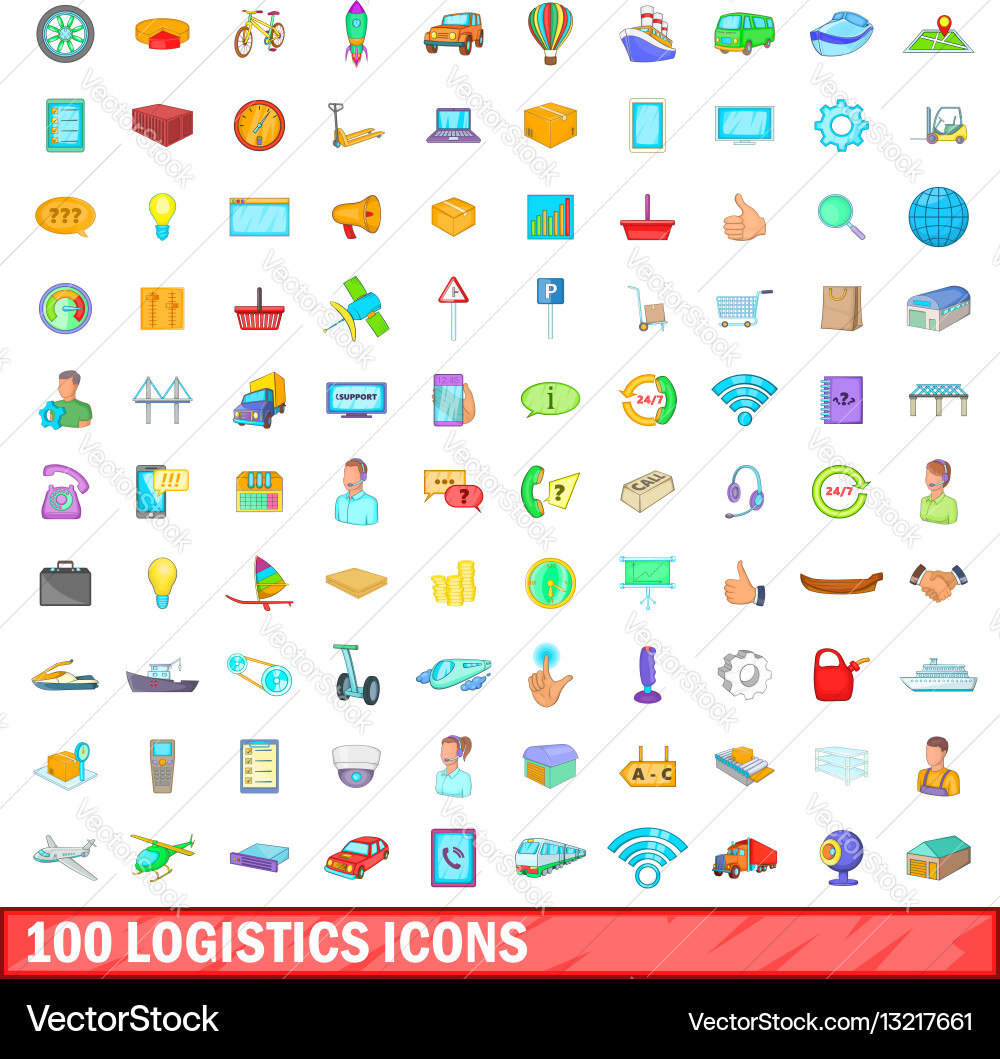 100 logistics icons set cartoon style Royalty Free Vector