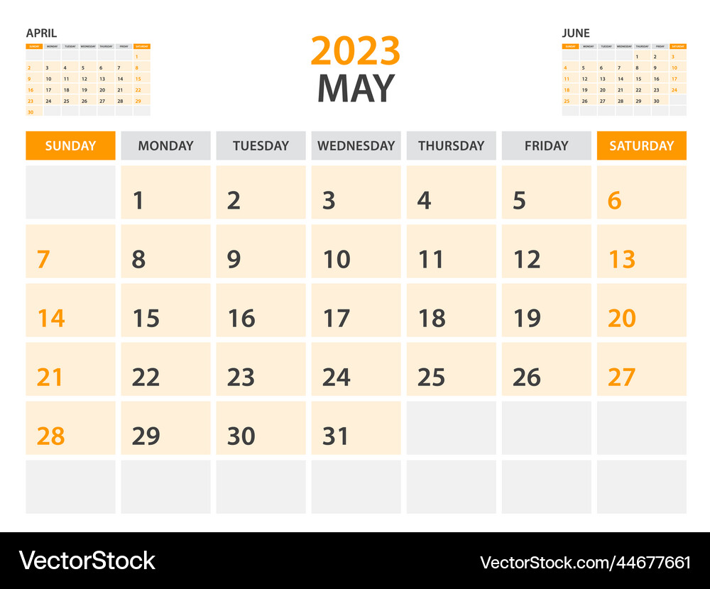 Calendar 2023 template-may year monthly Royalty Free Vector