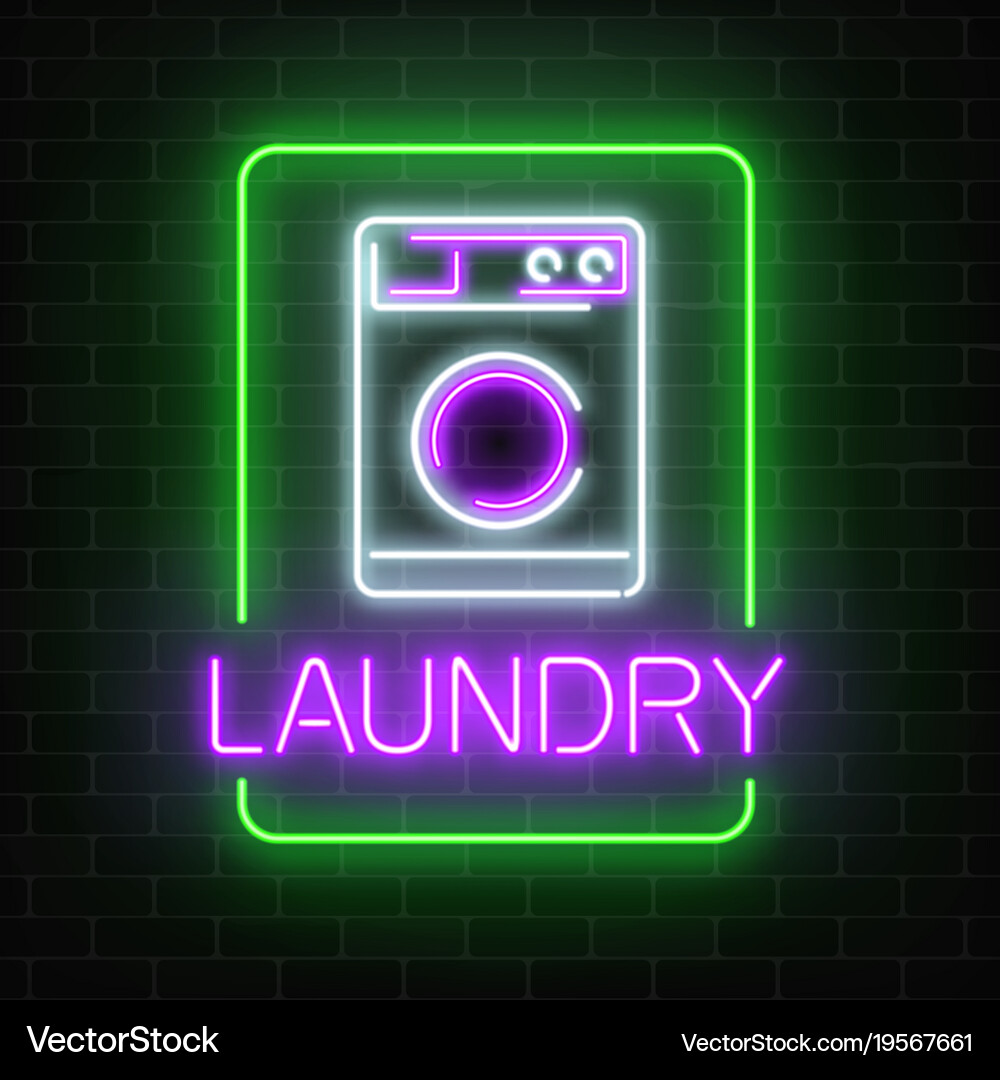 Neon glowing laundry signboard on dark brick wall Vector Image