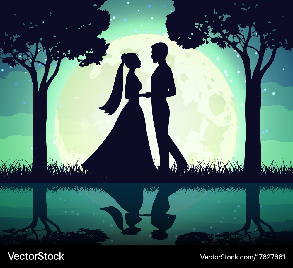 Silhouettes bride and groom on moon Royalty Free Vector