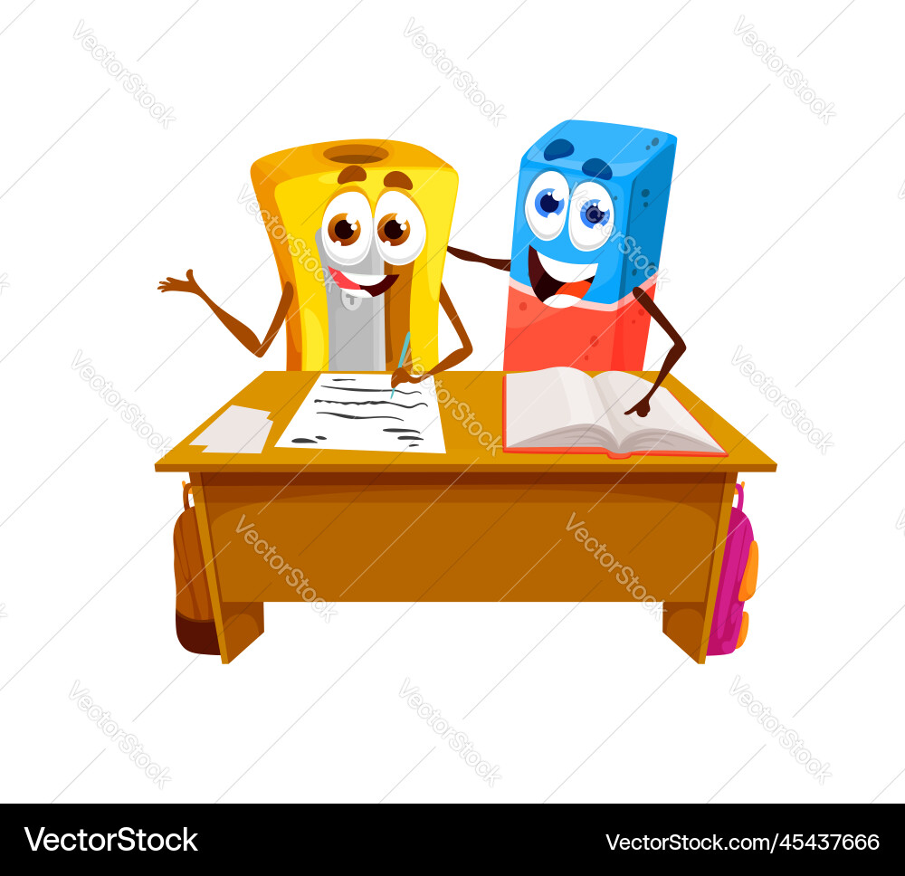 Cartoon sharpener and eraser characters in school Vector Image