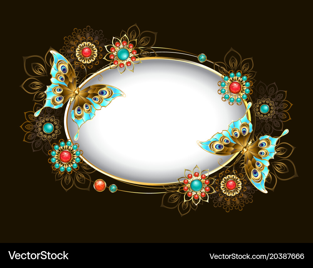 Oval banner with turquoise butterflies Royalty Free Vector